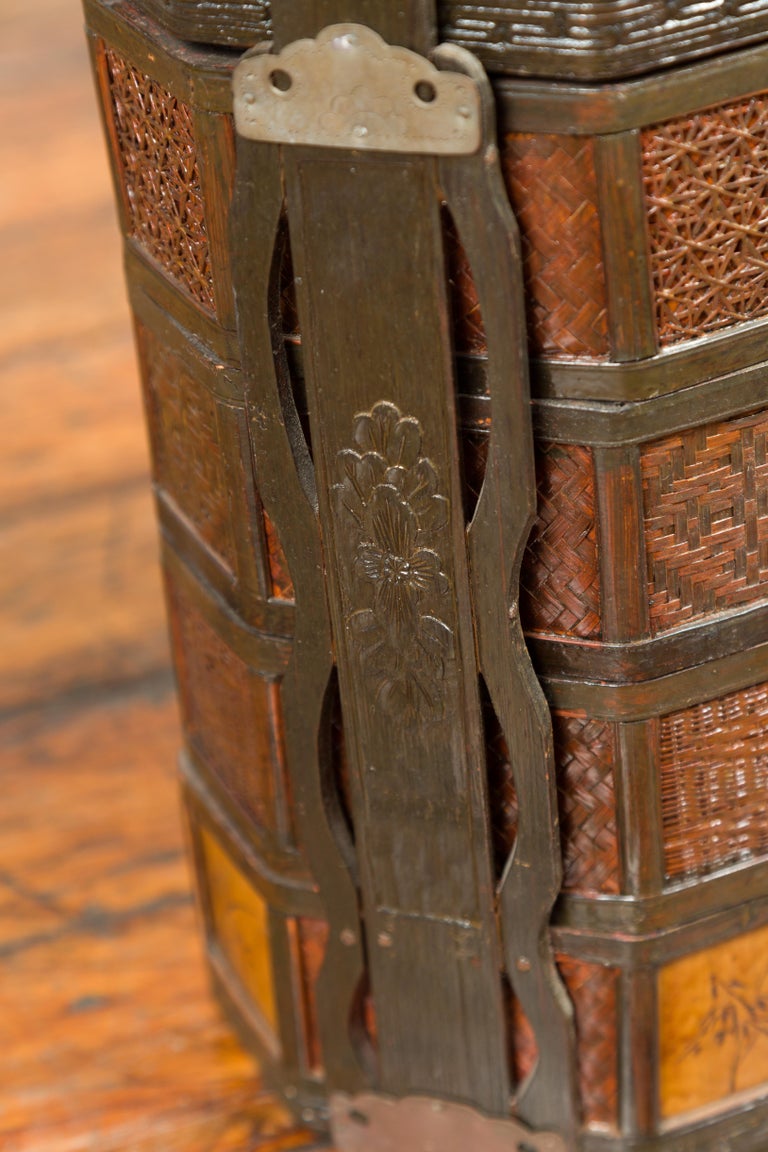 Chinese Antique Stacking Lunch Box with Lacquered Accents and Handle ...