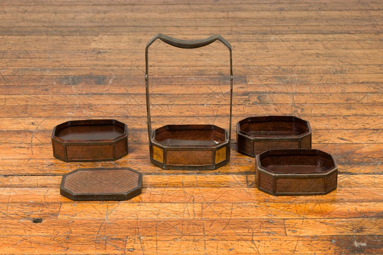 Chinese Antique Stacking Lunch Box with Lacquered Accents and Handle ...