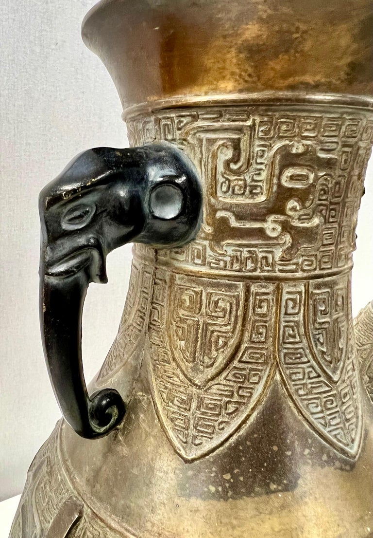 Chinese Archaistic Brass Table Lamps With Elephant Handles For Sale at ...