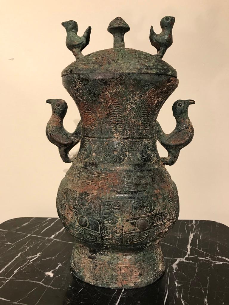 Chinese Archaistic Bronze Lidded Vessel with Bird Handles For Sale at ...