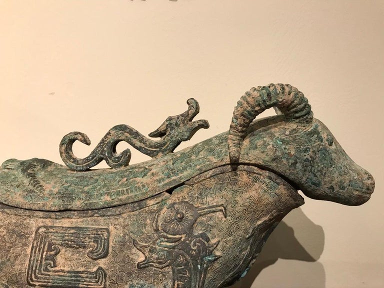 Chinese Archaistic Bronze Ritual Ram Form Wine Vessel Verdigis Patina ...