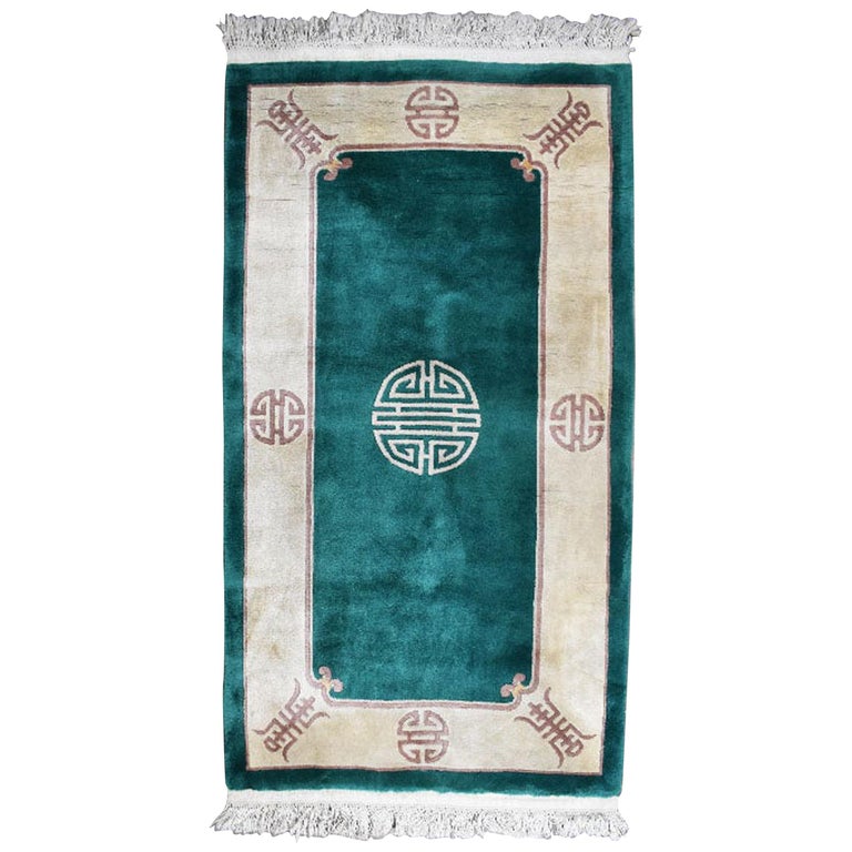 Chinese Art Deco Rectangular Emerald Green Rug with Fringe at 1stDibs
