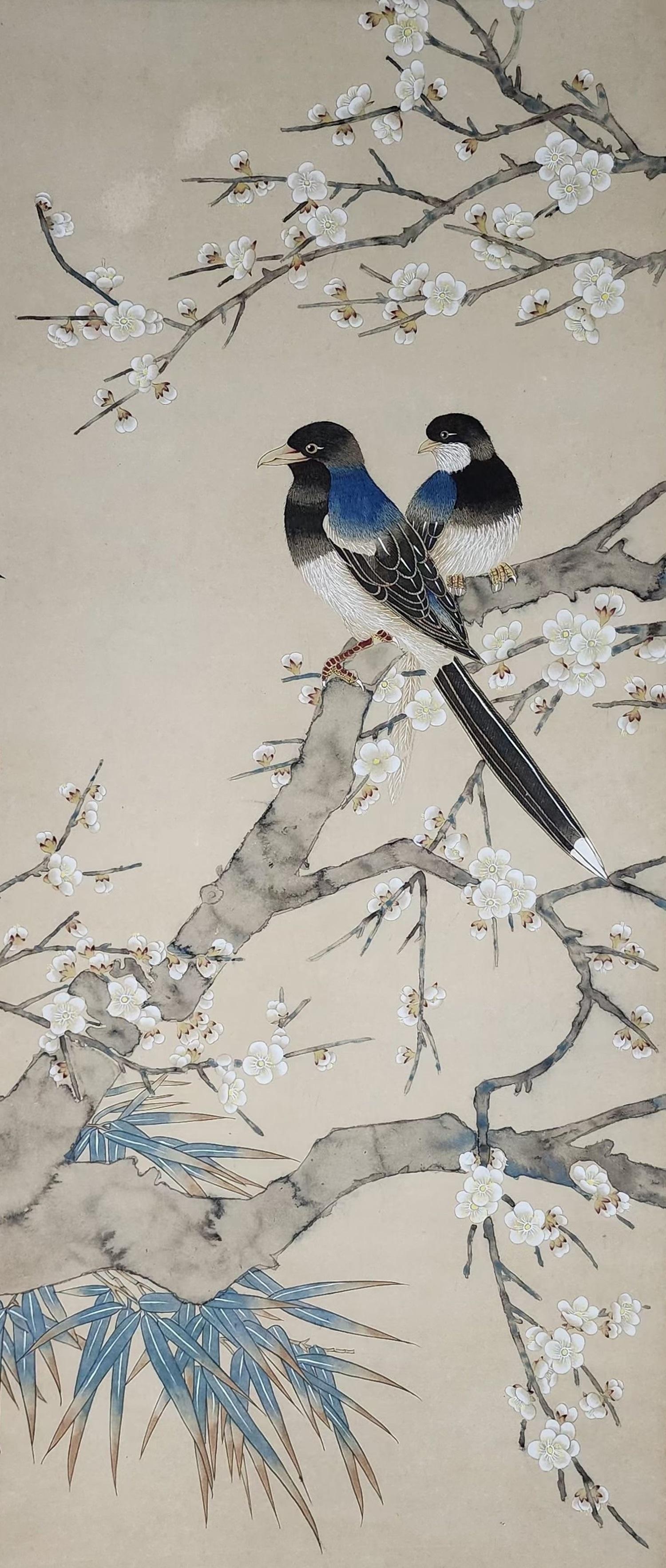 Chinese Auspicious Birds Flowers Painting For Sale at 1stDibs