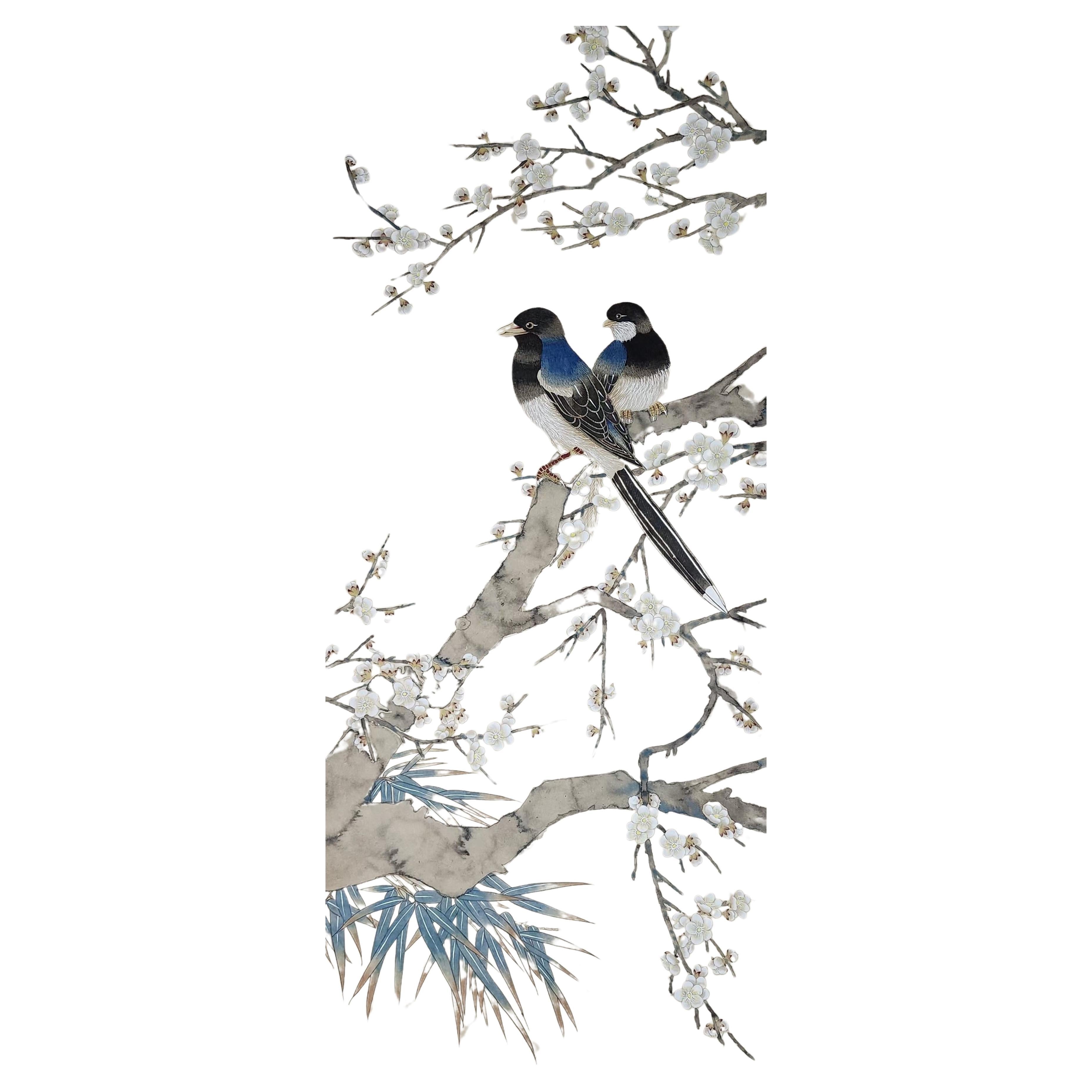 Chinese Auspicious Birds Flowers Painting For Sale at 1stDibs
