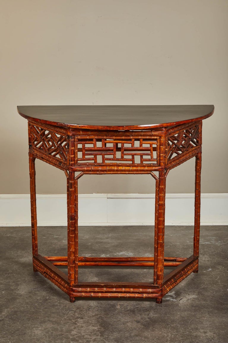 Chinese Bamboo Half Moon Table with Black Top at 1stDibs