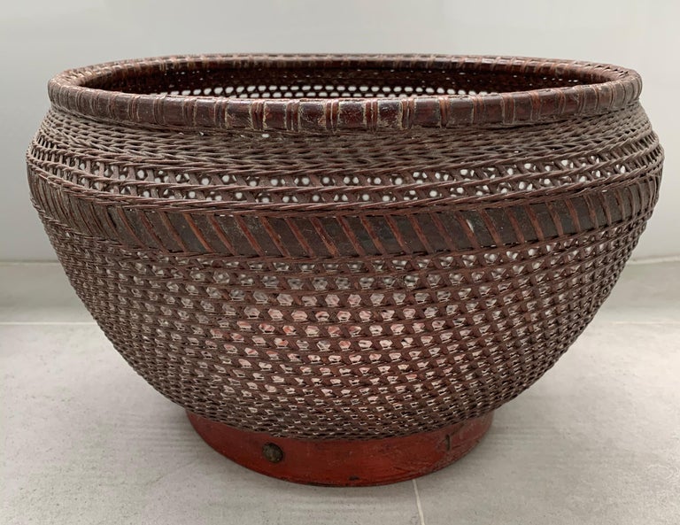 Chinese Basket Pair Hand-Woven Rattan with Red Wood Base, Early 20th ...