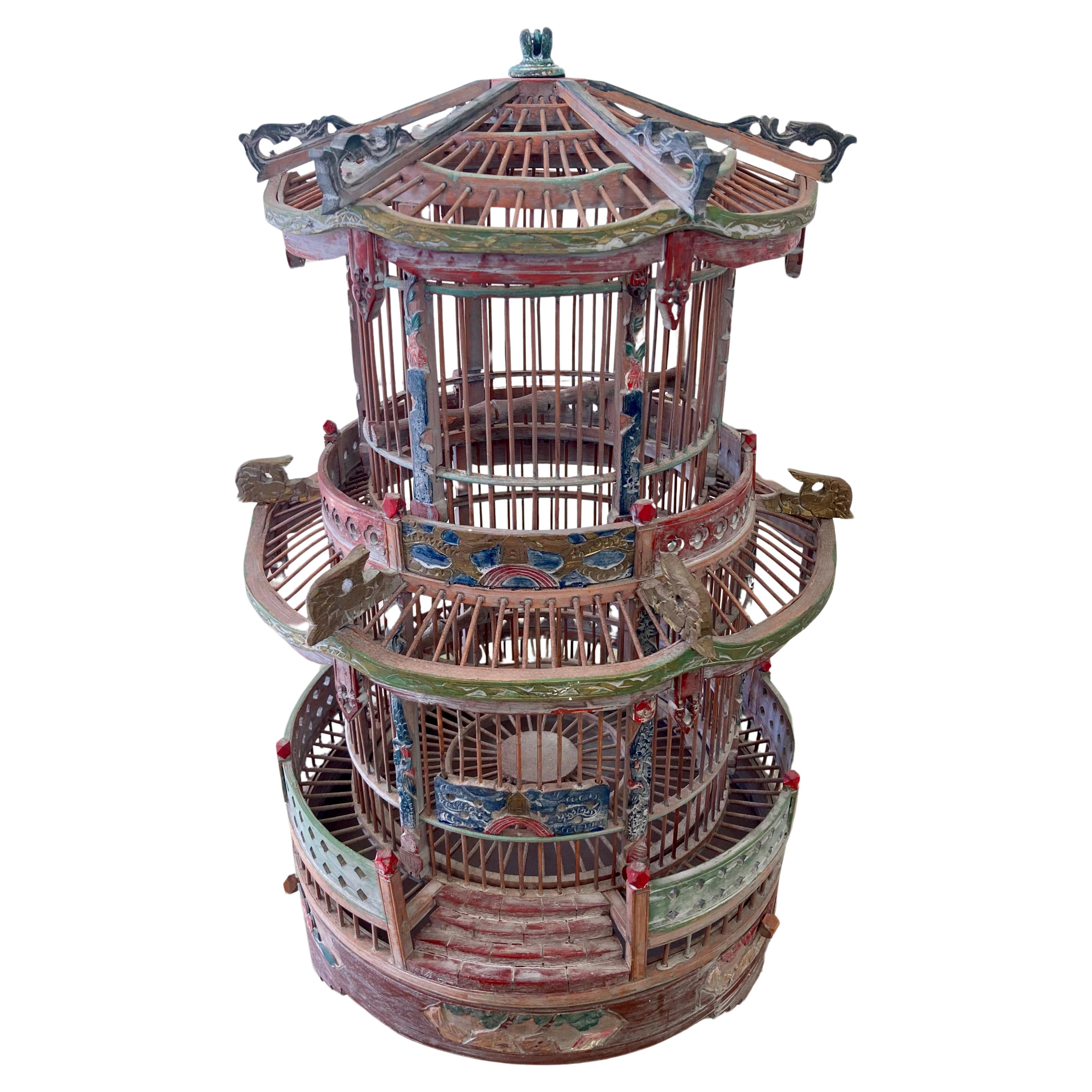 Tony Duquette Floor Bird Cage in Crimson Red with Plaster Tassels at 1stDibs