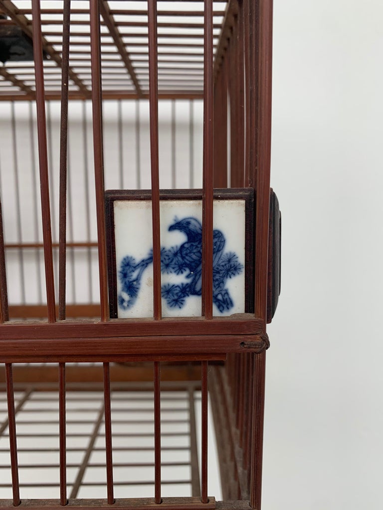Chinese Birdcage with Porcelain Feeding Bowls, Vintage Mid-20th Century ...