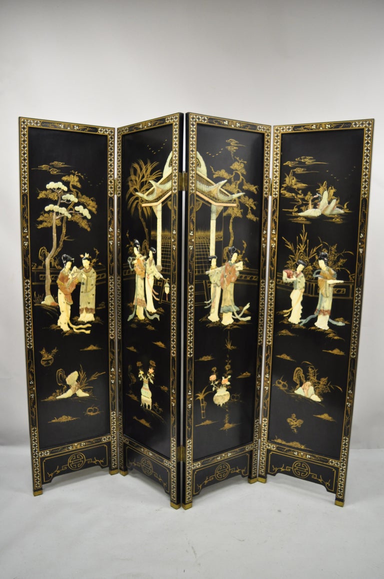 Chinese Black Carved Soapstone Geisha Girl 4 Panel Folding Screen Room ...