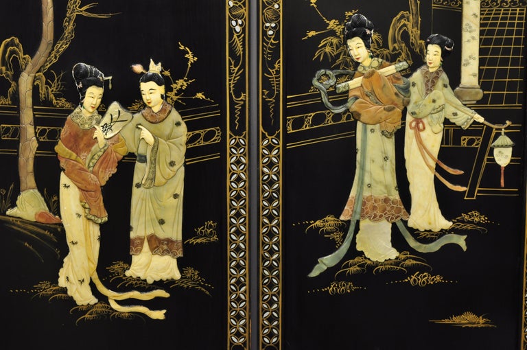 Chinese Black Carved Soapstone Geisha Girl 4 Panel Folding Screen Room ...