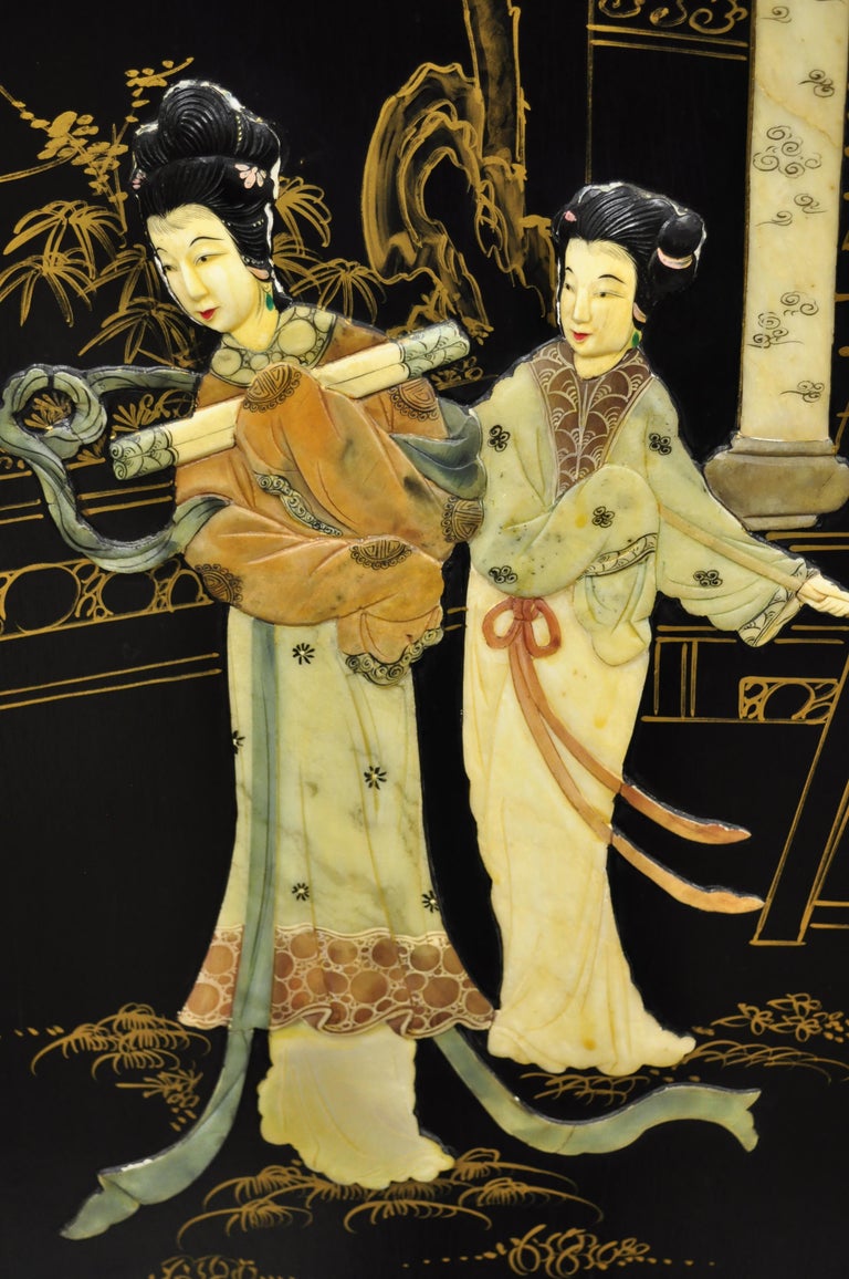 Chinese Black Carved Soapstone Geisha Girl 4 Panel Folding Screen Room ...