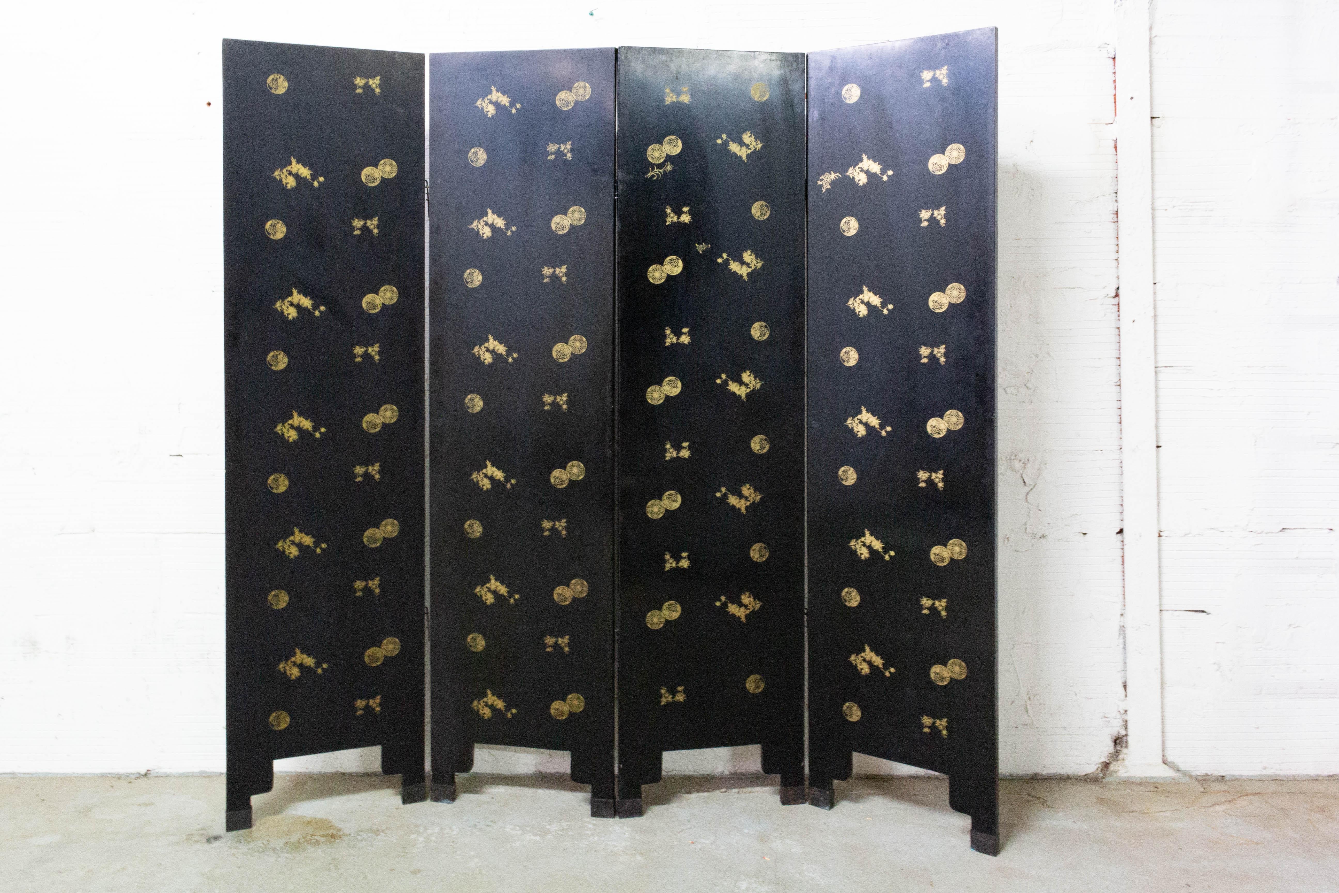 Chinese Black Lacquer Four-Panel Folding Screen Room Divider, Late 19th ...