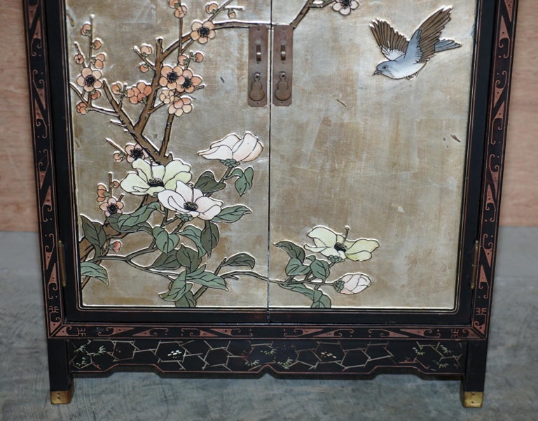 Chinese Black Lacquer Hand Painted Chinoiserie Side Table Cupboard or ...