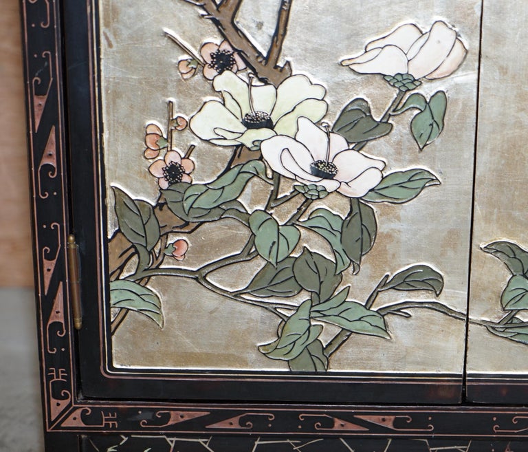 Chinese Black Lacquer Hand Painted Chinoiserie Side Table Cupboard or ...