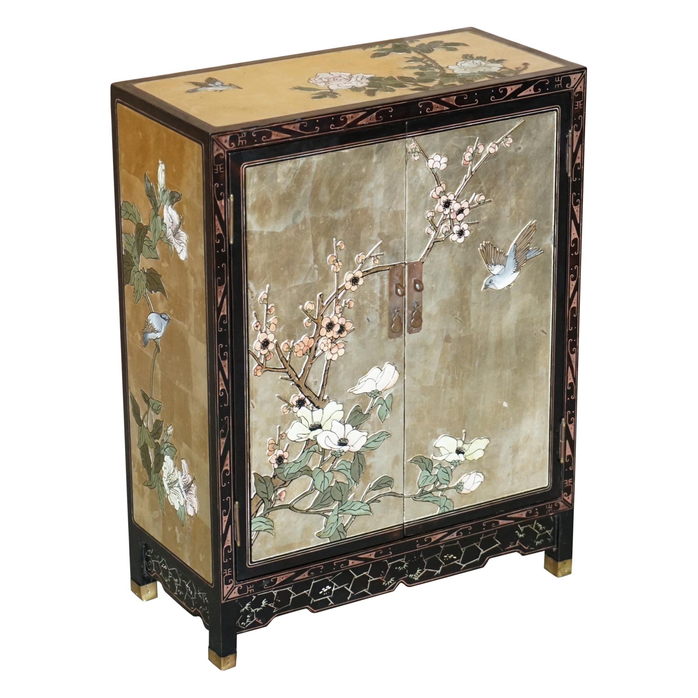 Chinese Black Lacquer Hand Painted Chinoiserie Side Table Cupboard or ...