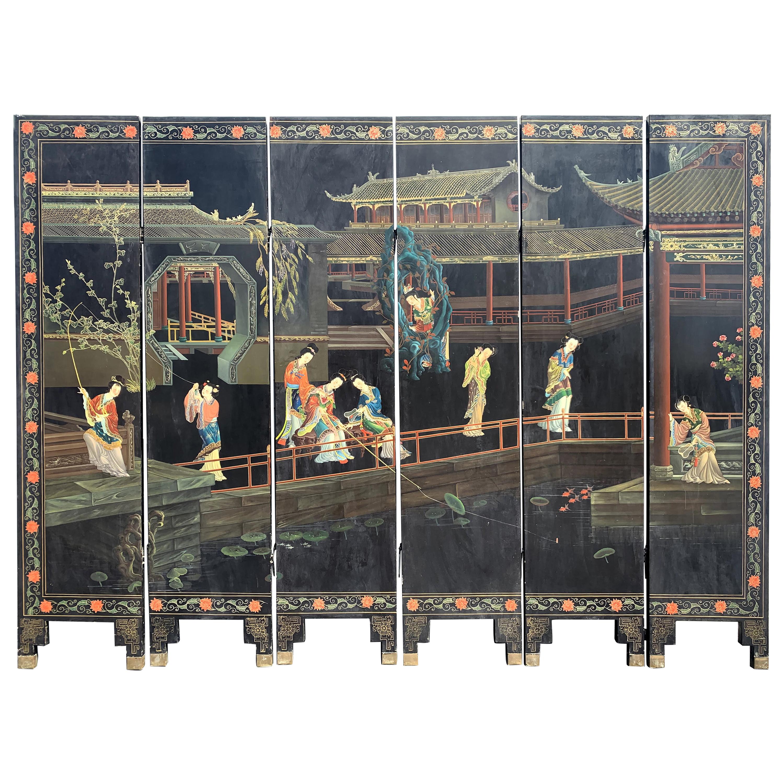 Chinese Black Lacquer Polychrome Six-Panel Screen or Room Divider at ...