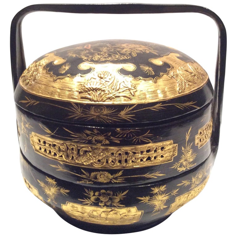 Chinese Black Lacquer Stacking Lunch Box at 1stDibs