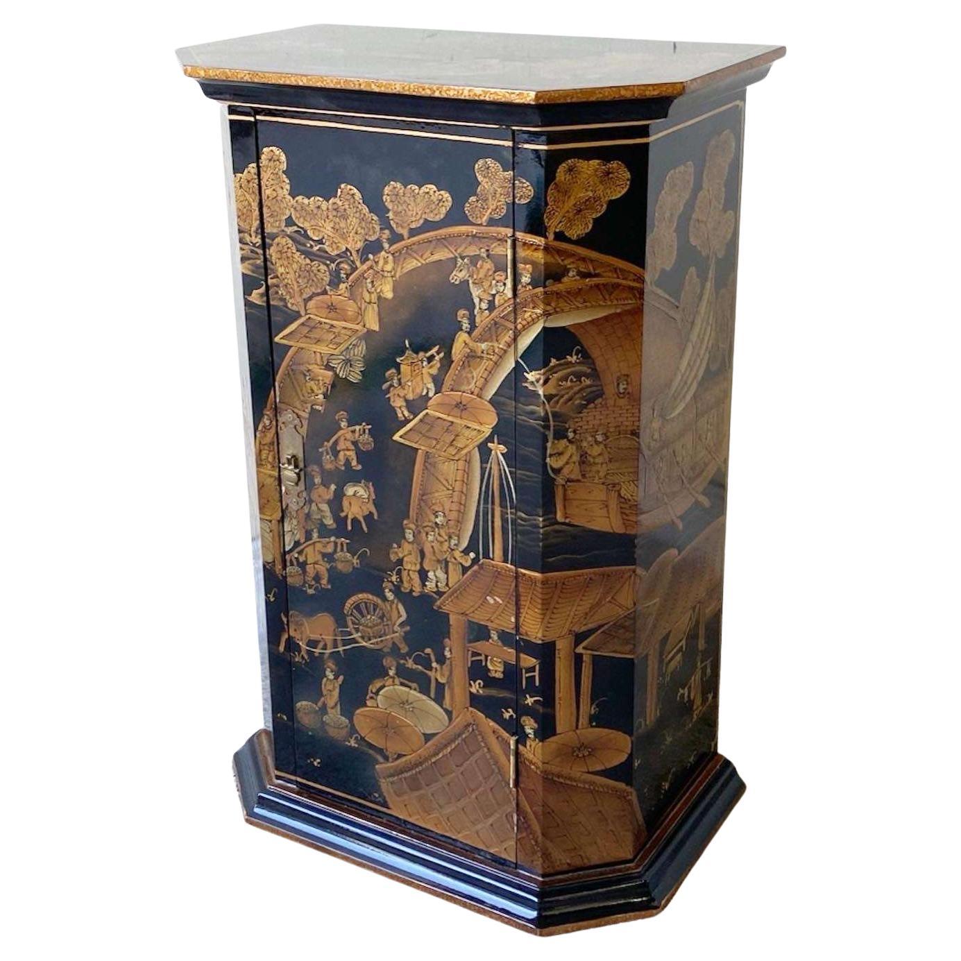 Chinese Black Lacquered and Gold Small Cabinet For Sale at 1stDibs