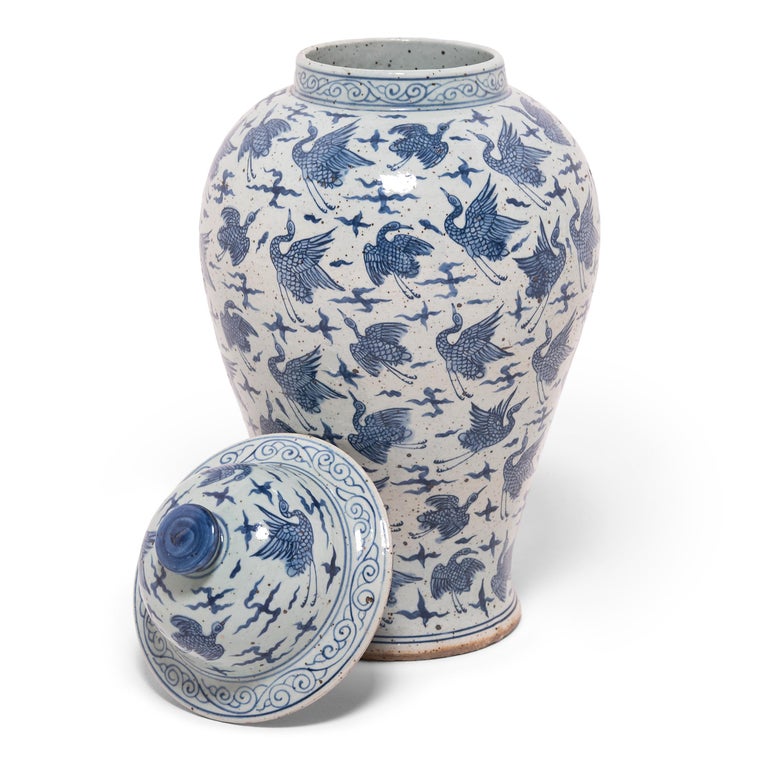 Chinese Blue and White Crane Ginger Jar at 1stDibs