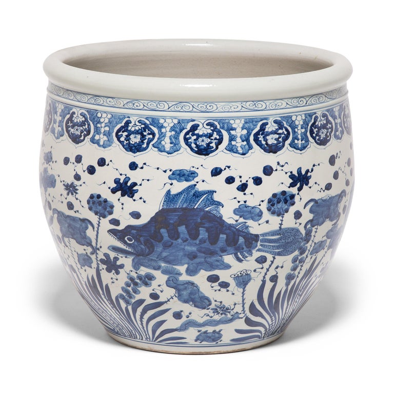 Chinese Blue and White Fish Bowl at 1stDibs
