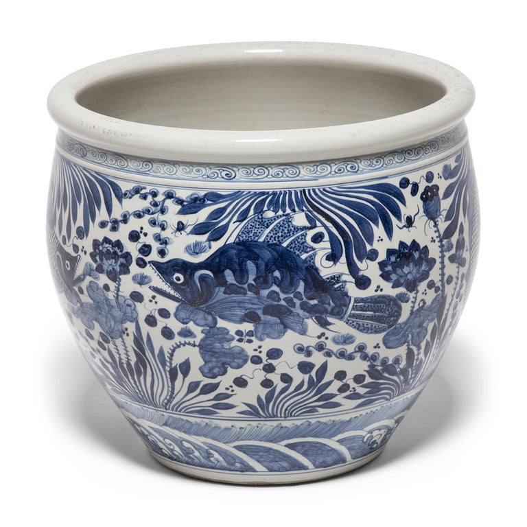 Chinese Blue and White Fish Bowl For Sale at 1stDibs