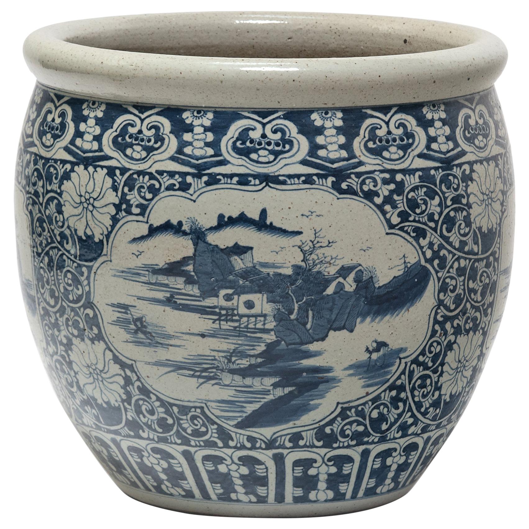 Chinese Blue and White Fish Bowl with Shan Shui Landscape at 1stDibs
