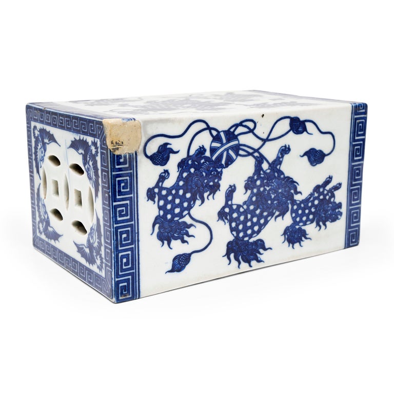 Chinese Blue and White Fu Lion Headrest, c. 1900 For Sale at 1stDibs