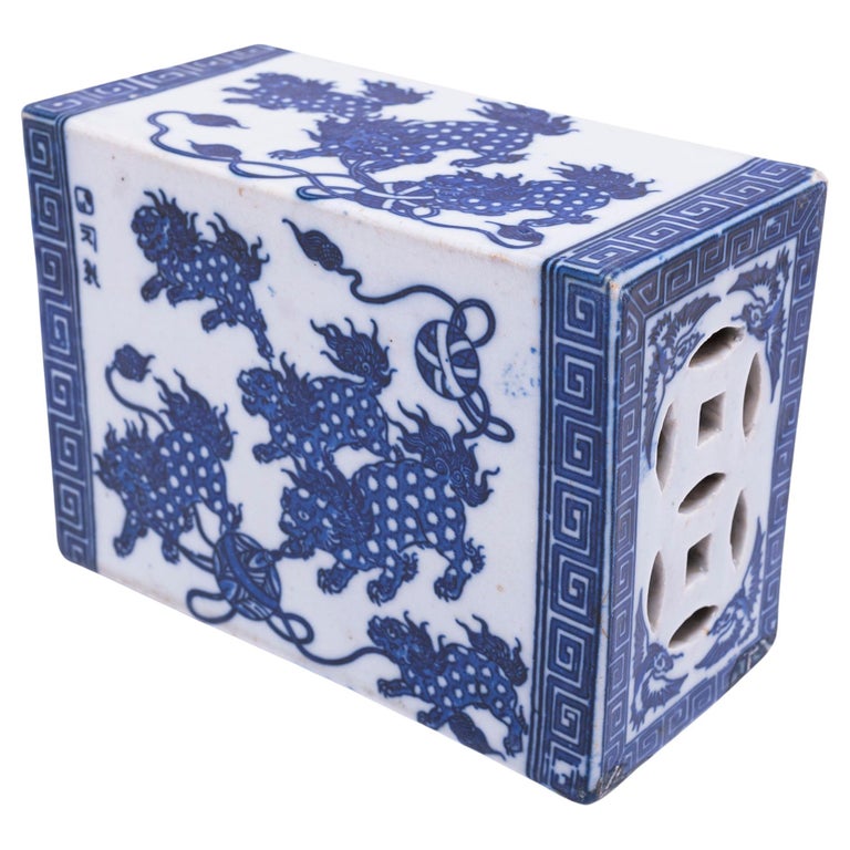 Chinese Blue and White Fu Lion Headrest, C. 1900 For Sale at 1stDibs