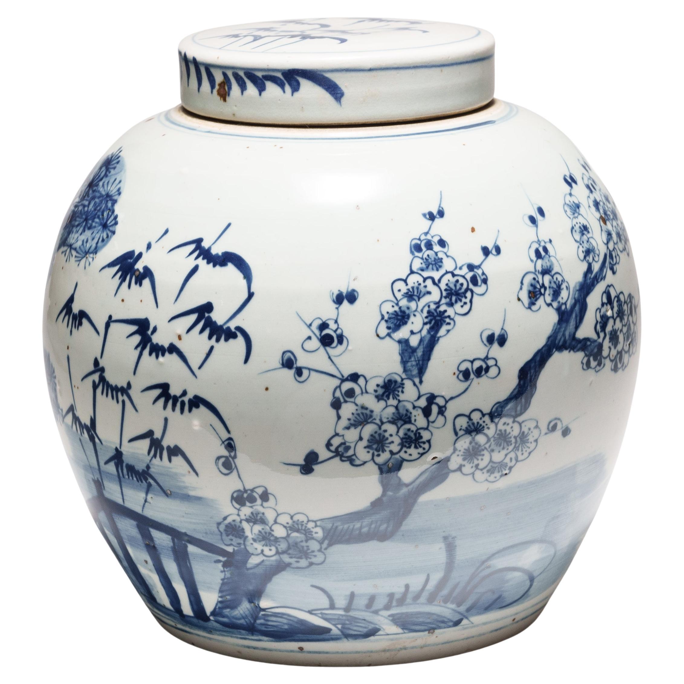 Chinese Blue and White Botanical Jar For Sale at 1stDibs