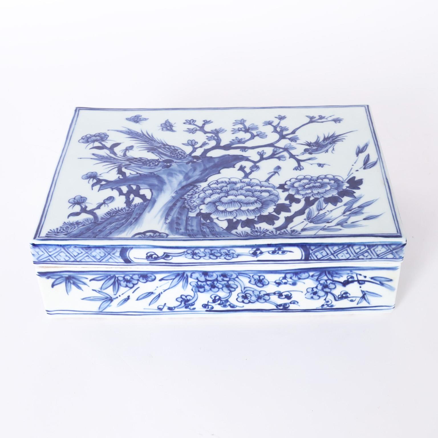 Chinese Blue and White Porcelain Box with Birds and Flowers at 1stDibs