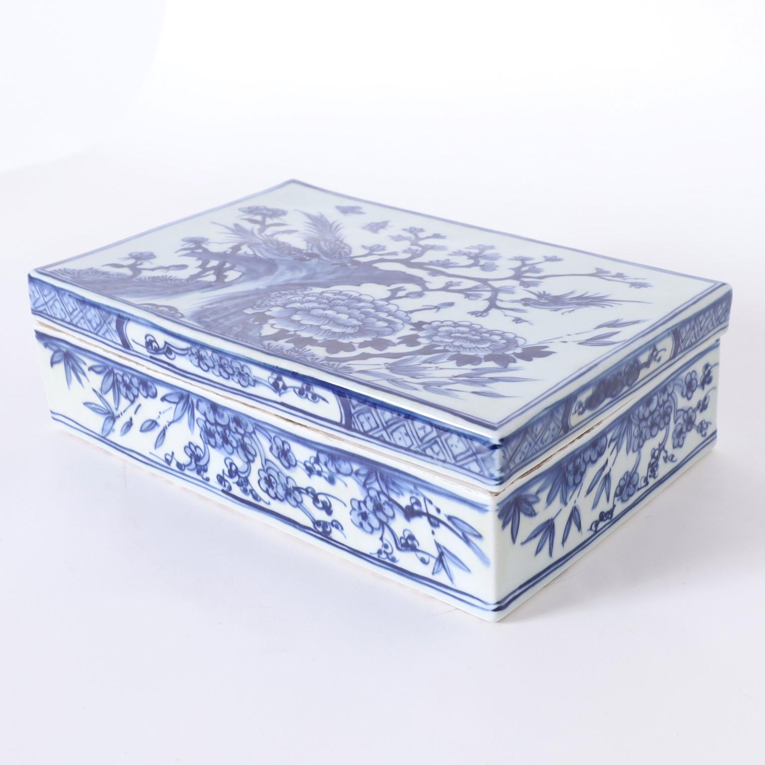Chinese Blue and White Porcelain Box with Birds and Flowers at 1stDibs