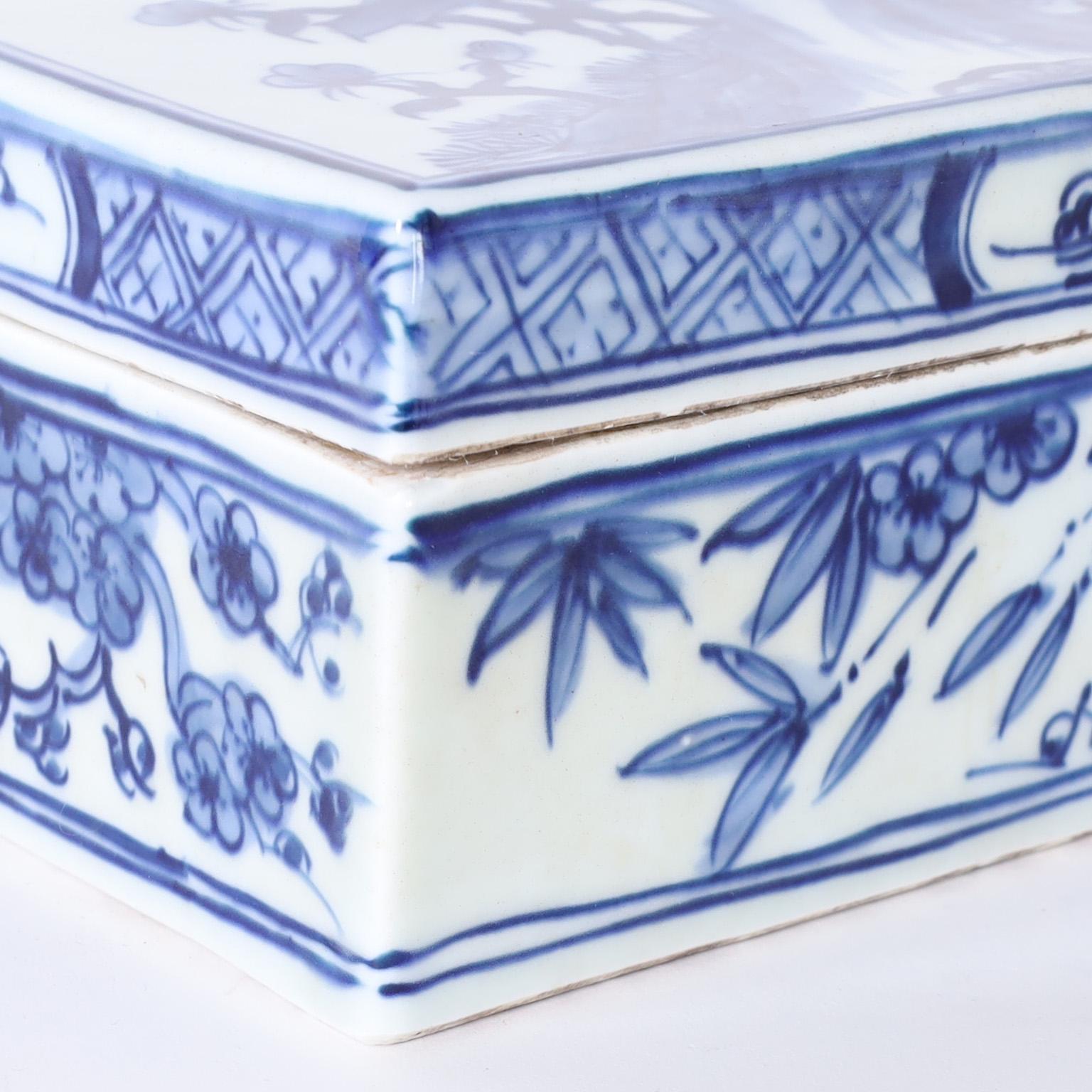 Chinese Blue and White Porcelain Box with Birds and Flowers at 1stDibs