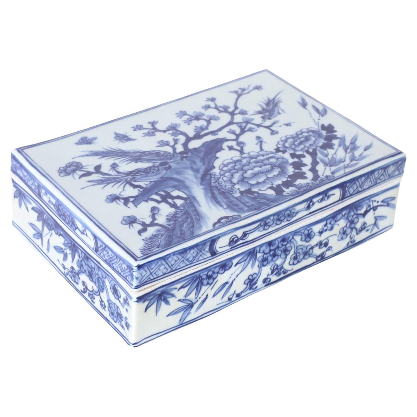 Chinese Blue and White Porcelain Box with Birds and Flowers at 1stDibs