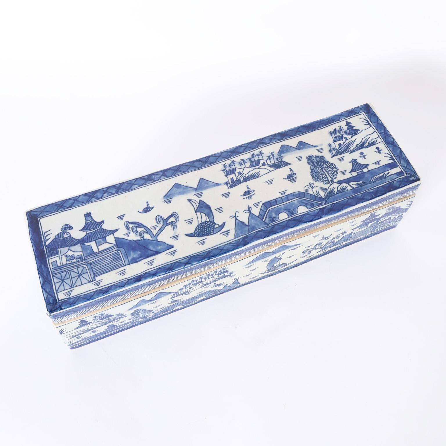 Chinese Blue and White Porcelain Lidded Box with Landscapes For Sale at ...