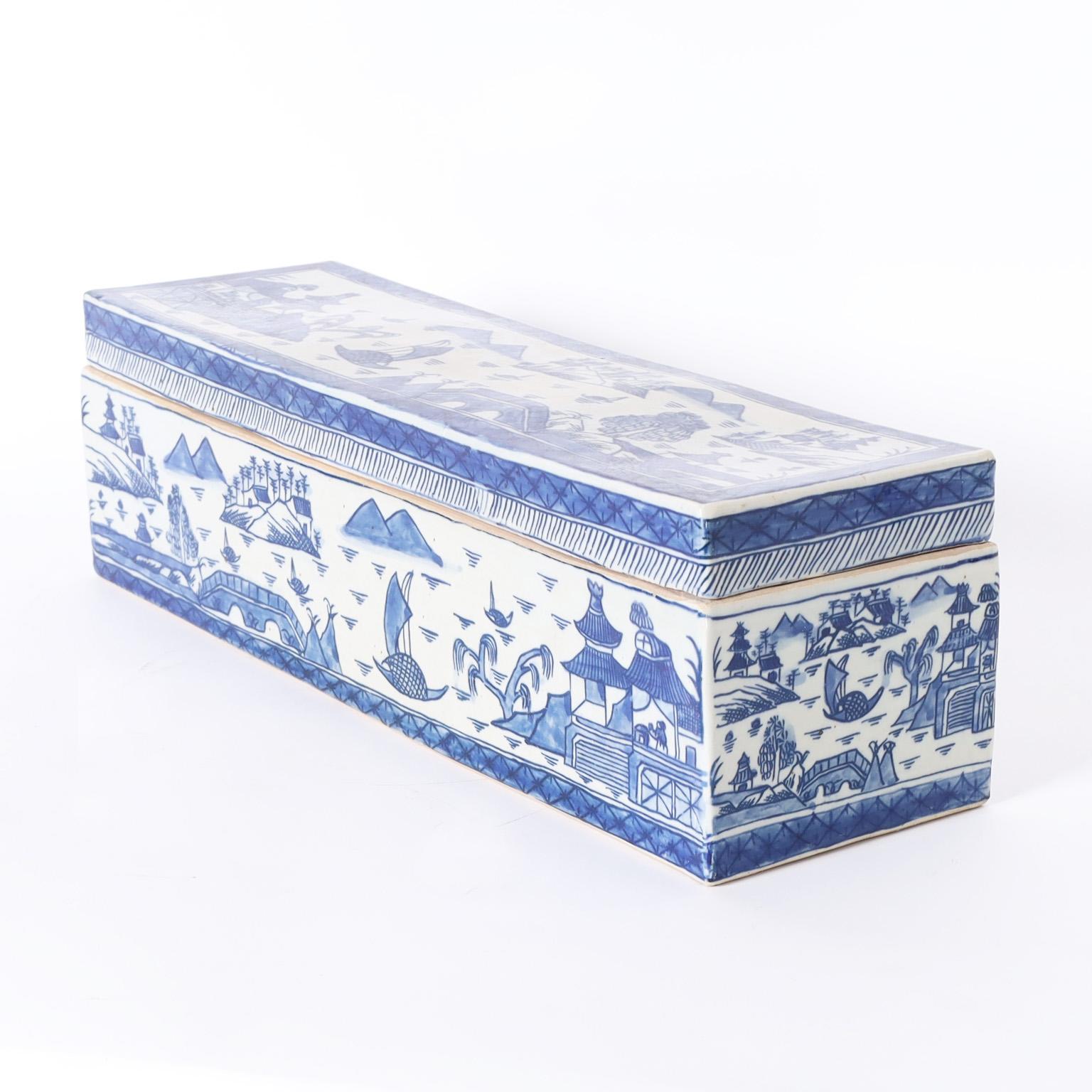 Chinese Blue and White Porcelain Lidded Box with Landscapes For Sale at ...