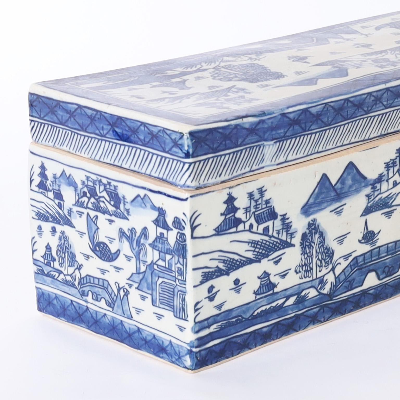 Chinese Blue and White Porcelain Lidded Box with Landscapes For Sale at ...