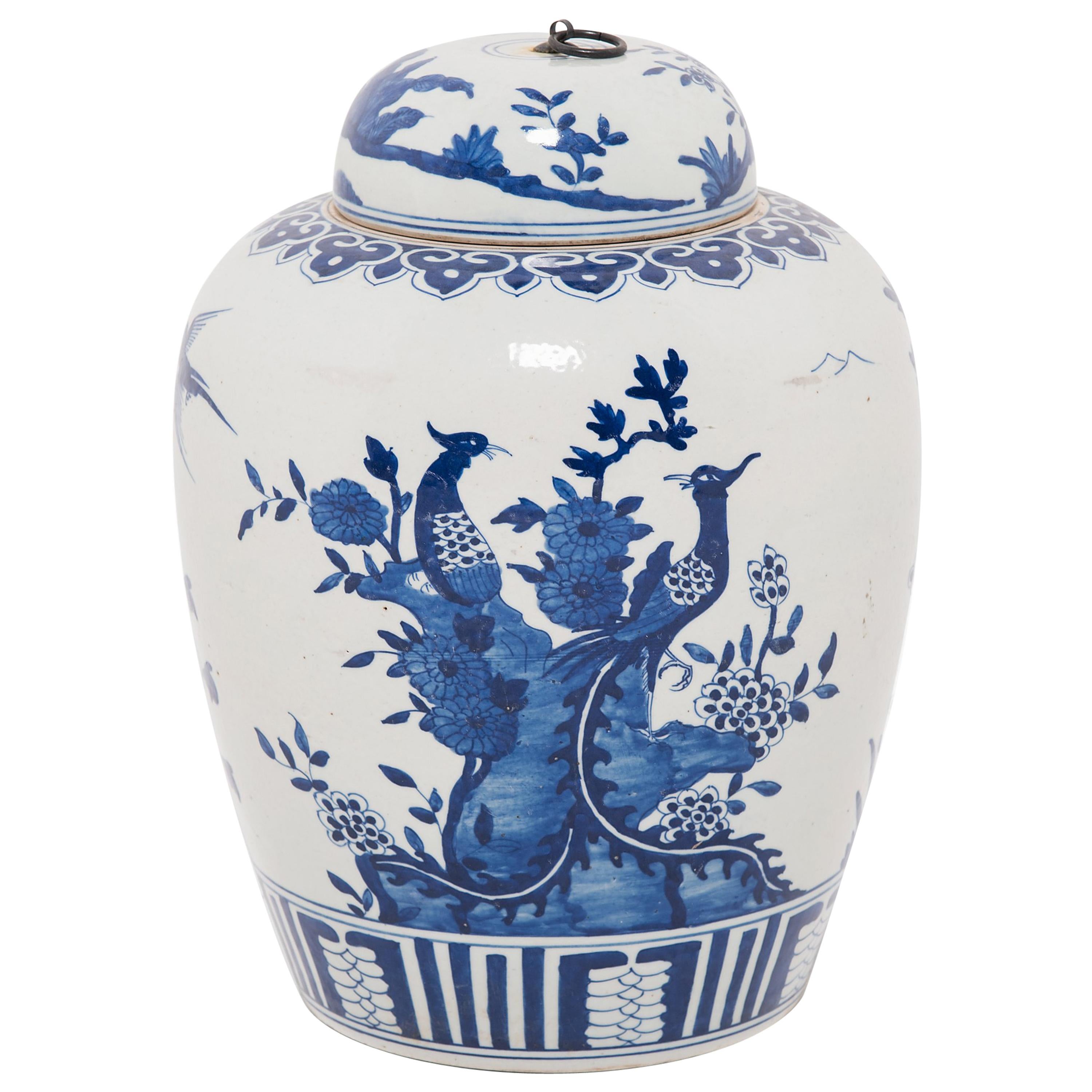 Blue and White Chinese Porcelain Jar, Bird and Peony at 1stDibs