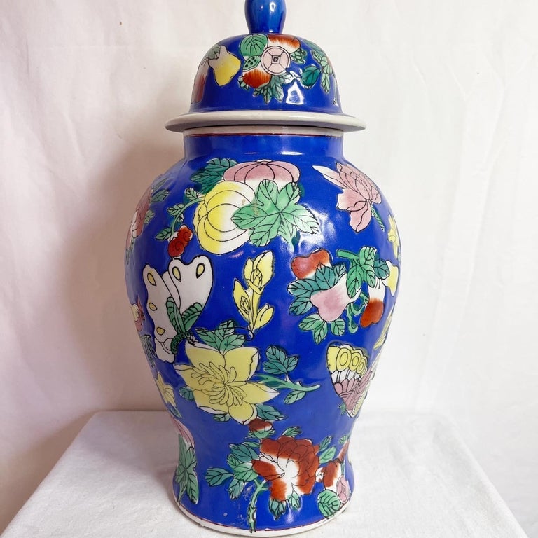 Chinese Blue Butterflies and Flowers Jar For Sale at 1stDibs