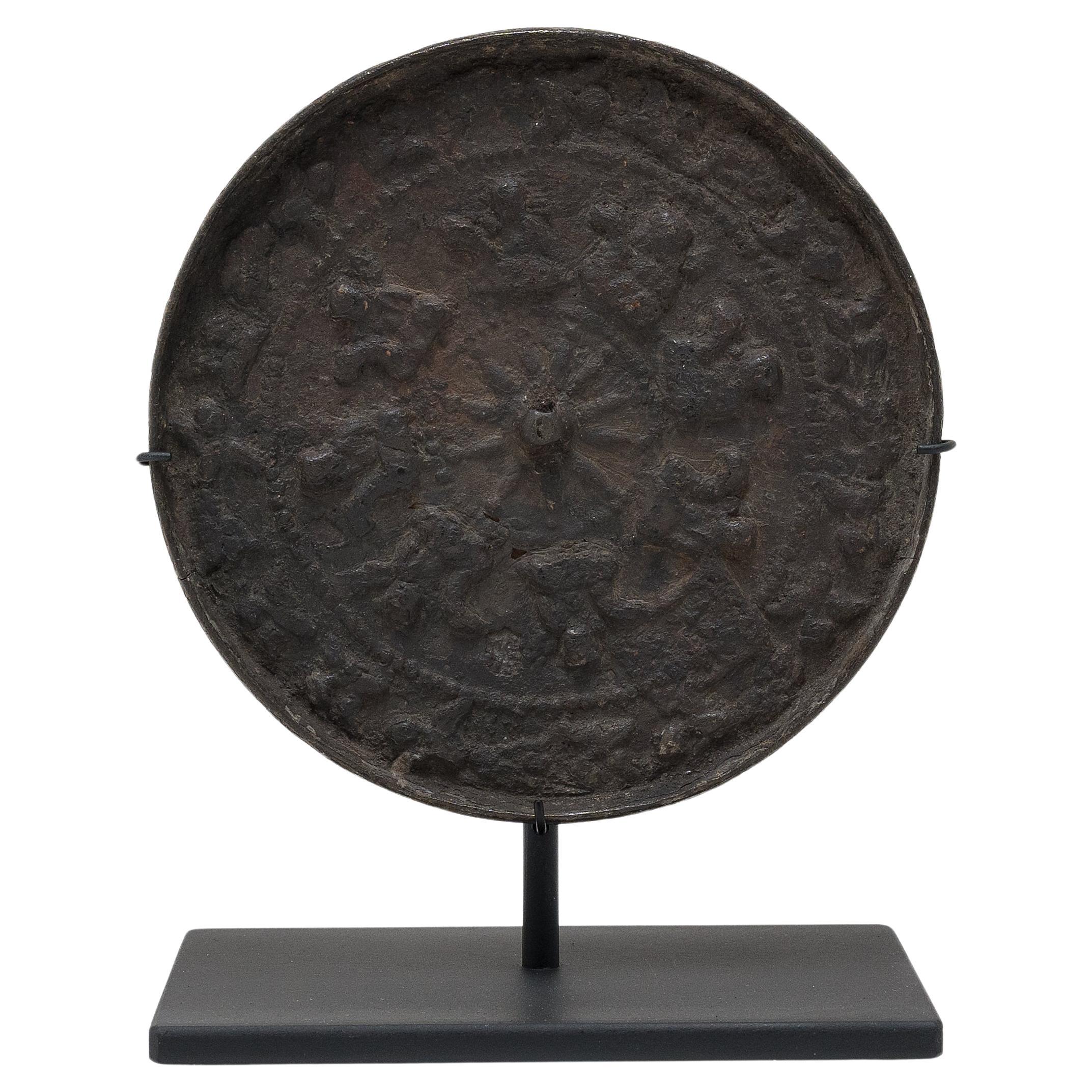 Chinese Bronze Relief Hand Mirror on Mount For Sale at 1stDibs
