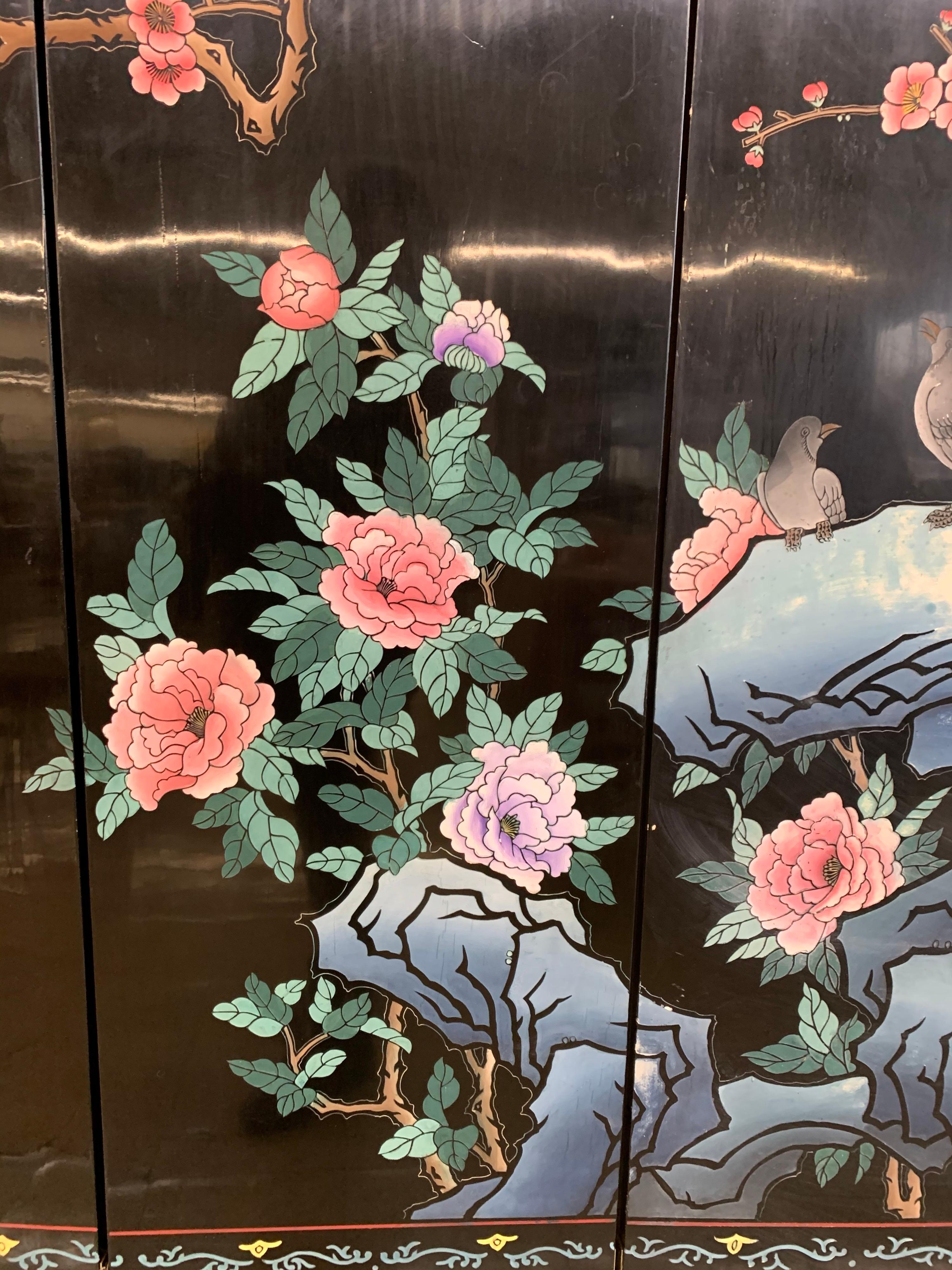 Chinese Carved Black Lacquered Four-Panel Screen Room Divider at 1stDibs
