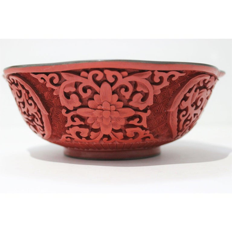 Chinese Carved Cinnabar Lacquer and Enameled Bowl Deer and ...
