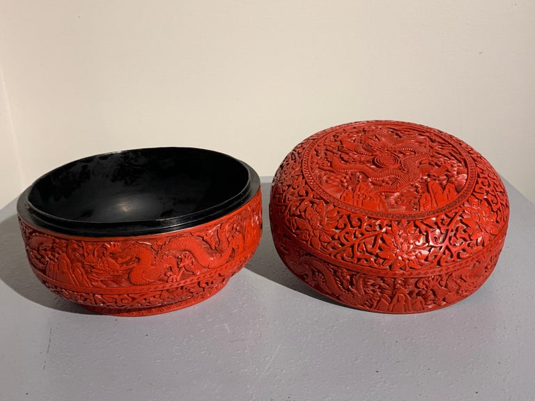 Chinese Carved Cinnabar Red Lacquer Round Dragon Box, Republic Period ...