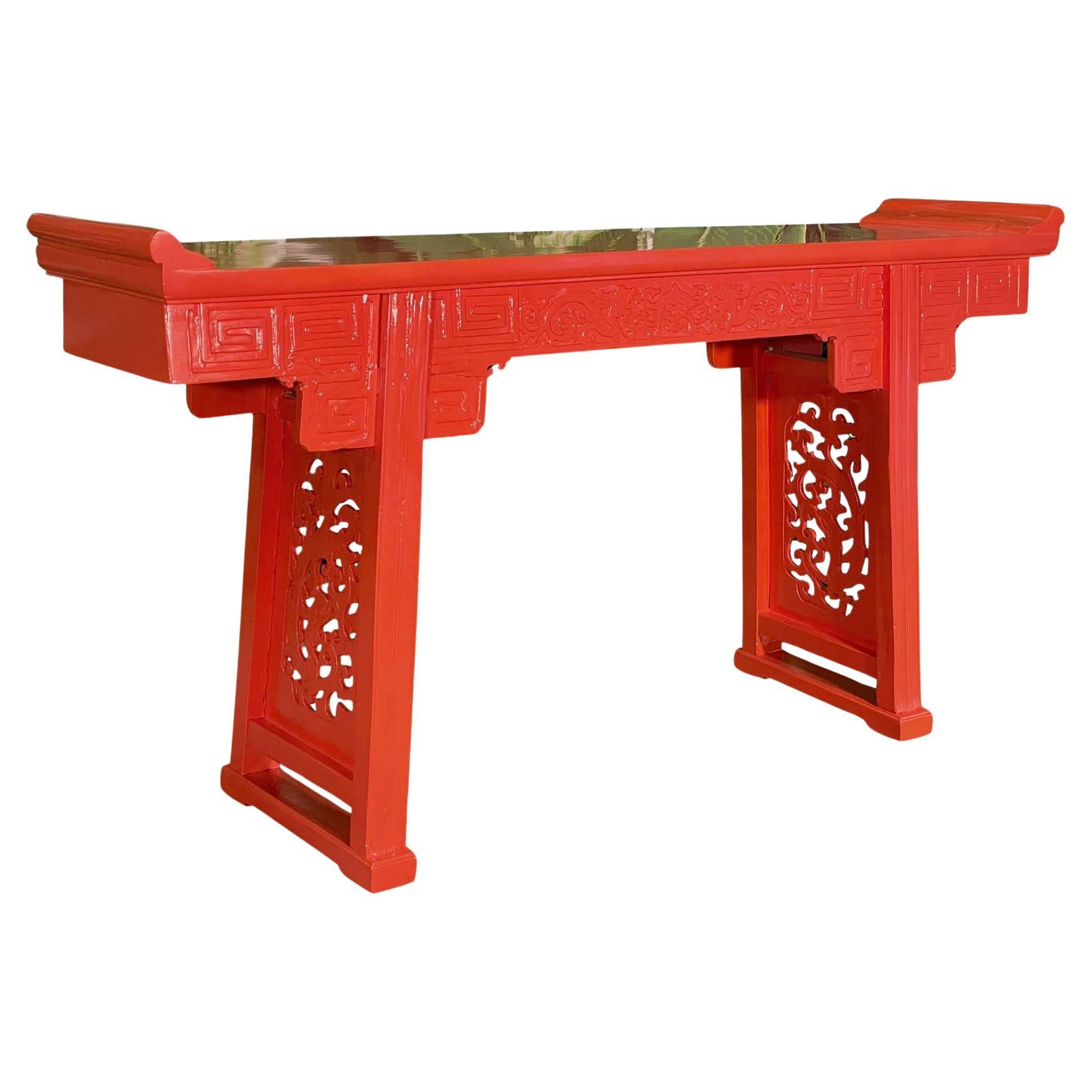 Red and Green Distress Painted Altar Console Mongolian Table Sideboard ...