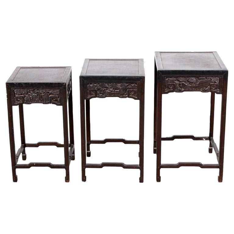 Chinese Carved Ebonised Nesting Tables, Set of 3 For Sale at 1stDibs