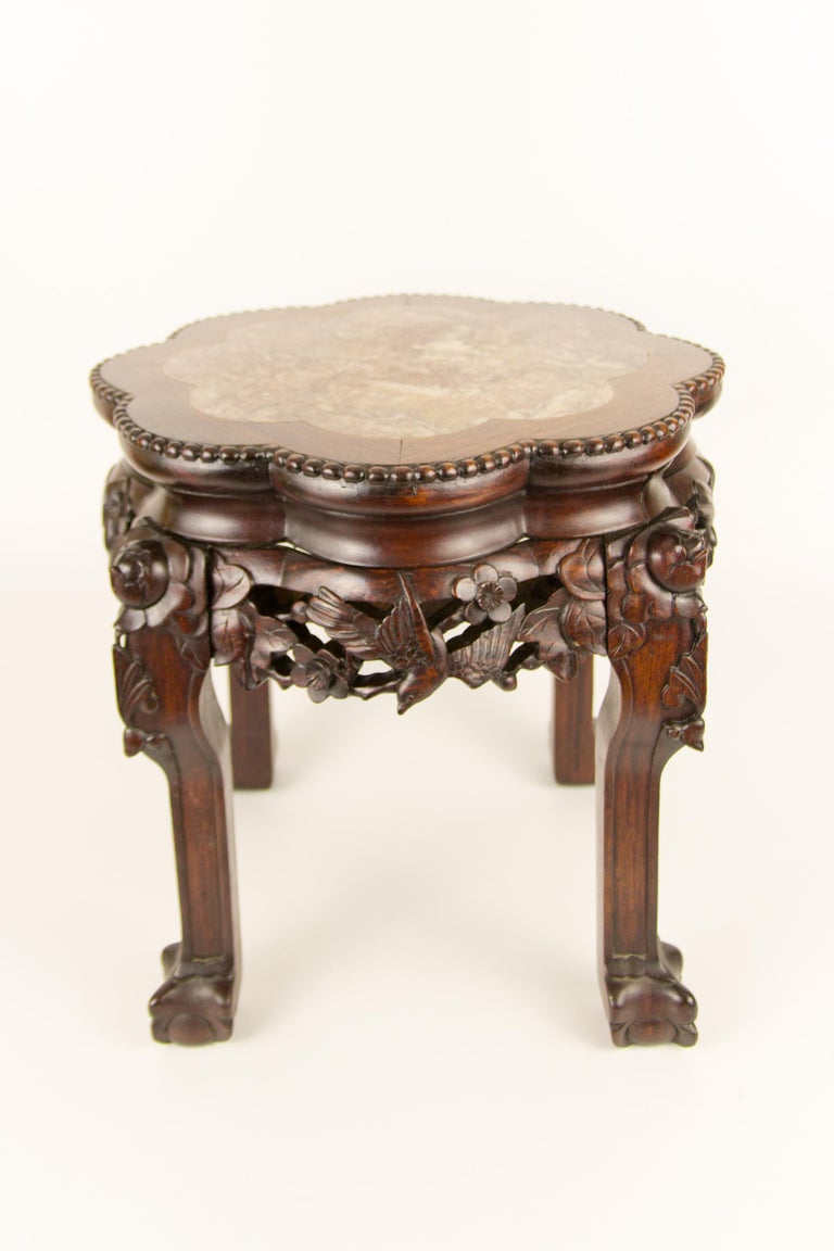 Chinese Carved Hardwood Pot Stand with Shaped Marble Inlaid Top at 1stDibs