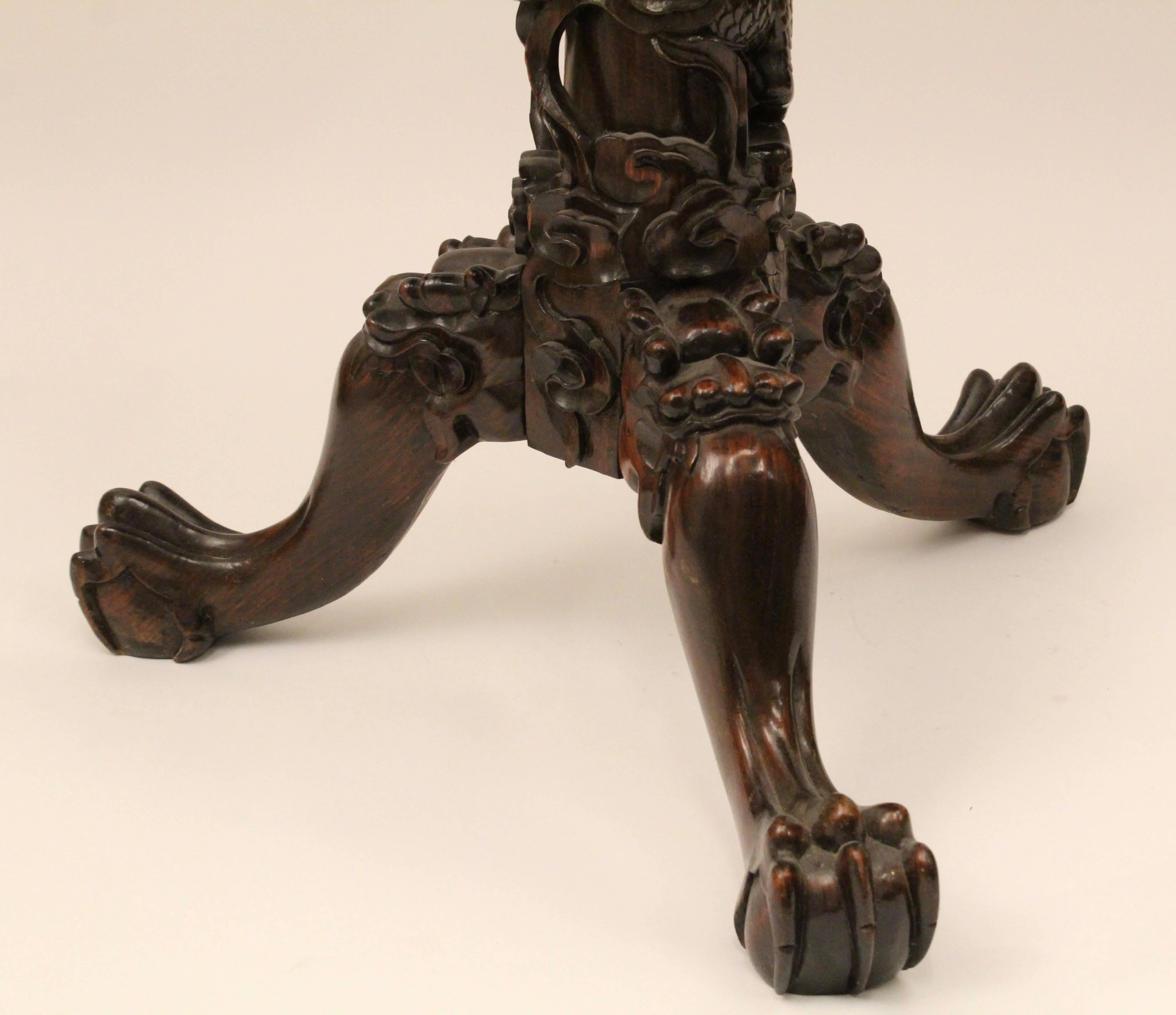 Chinese Carved Hardwood Triform Base Table, Peach Marble Top, circa ...