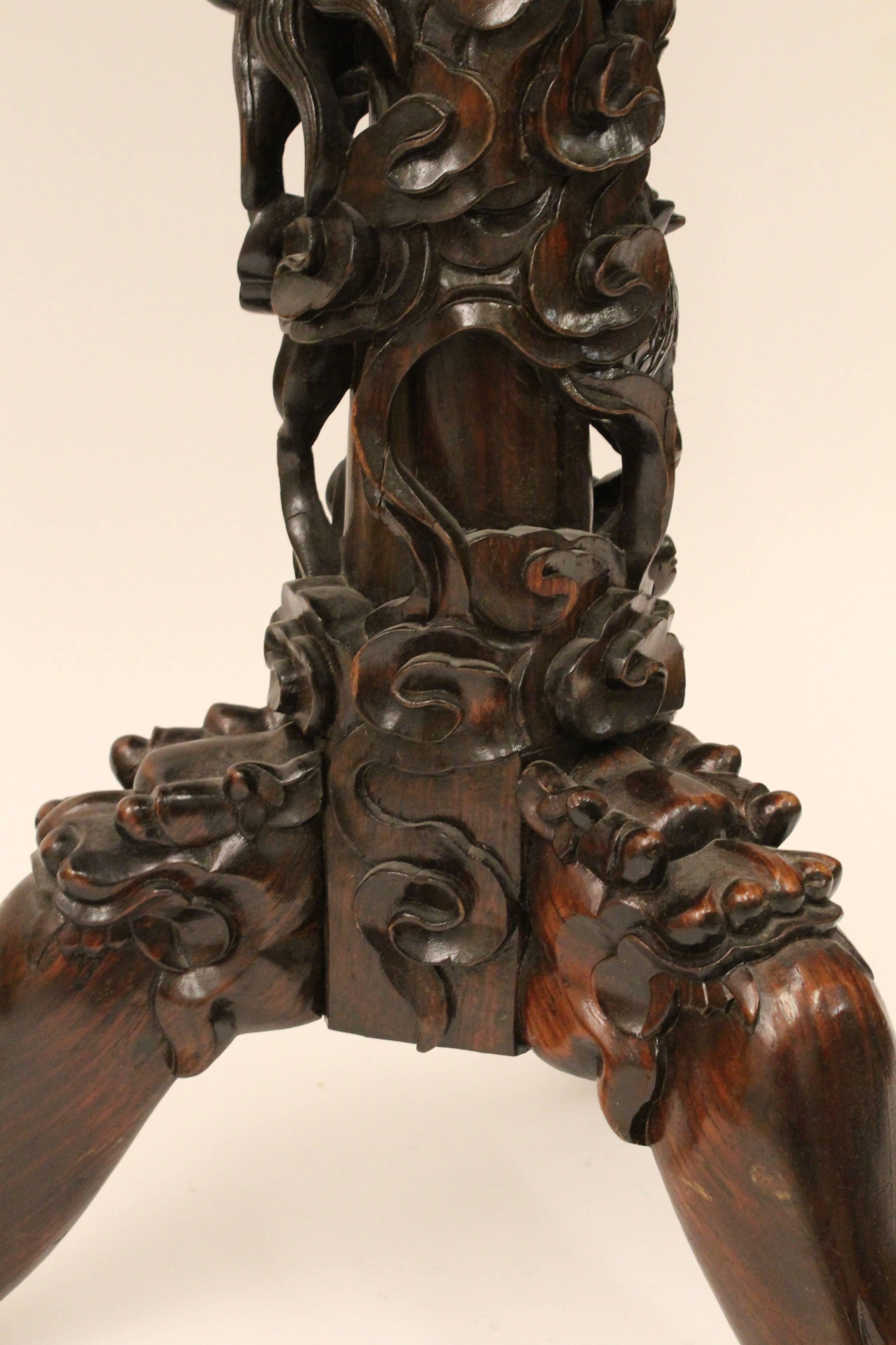 Chinese Carved Hardwood Triform Base Table, Peach Marble Top, circa ...