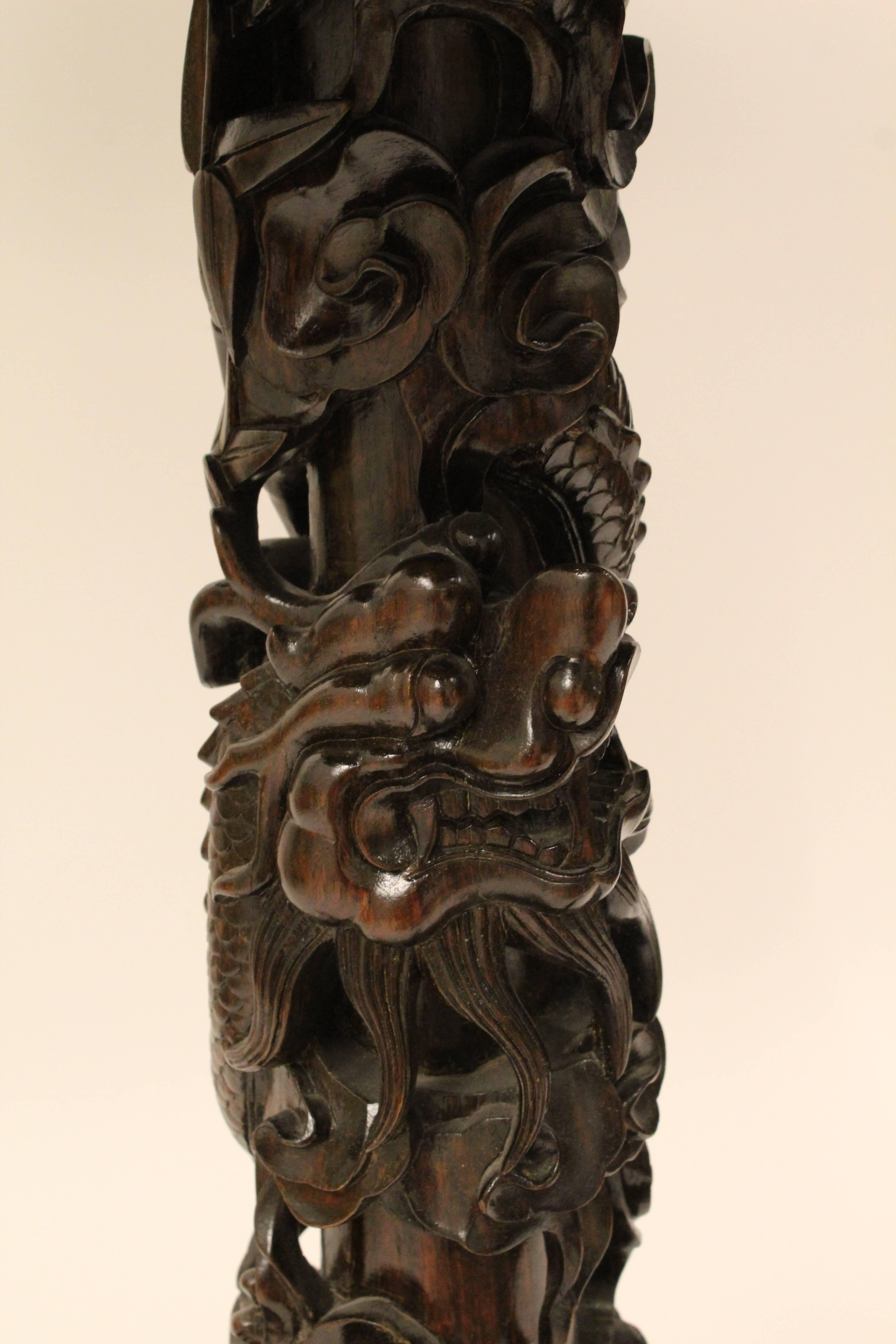 Chinese Carved Hardwood Triform Base Table, Peach Marble Top, circa ...