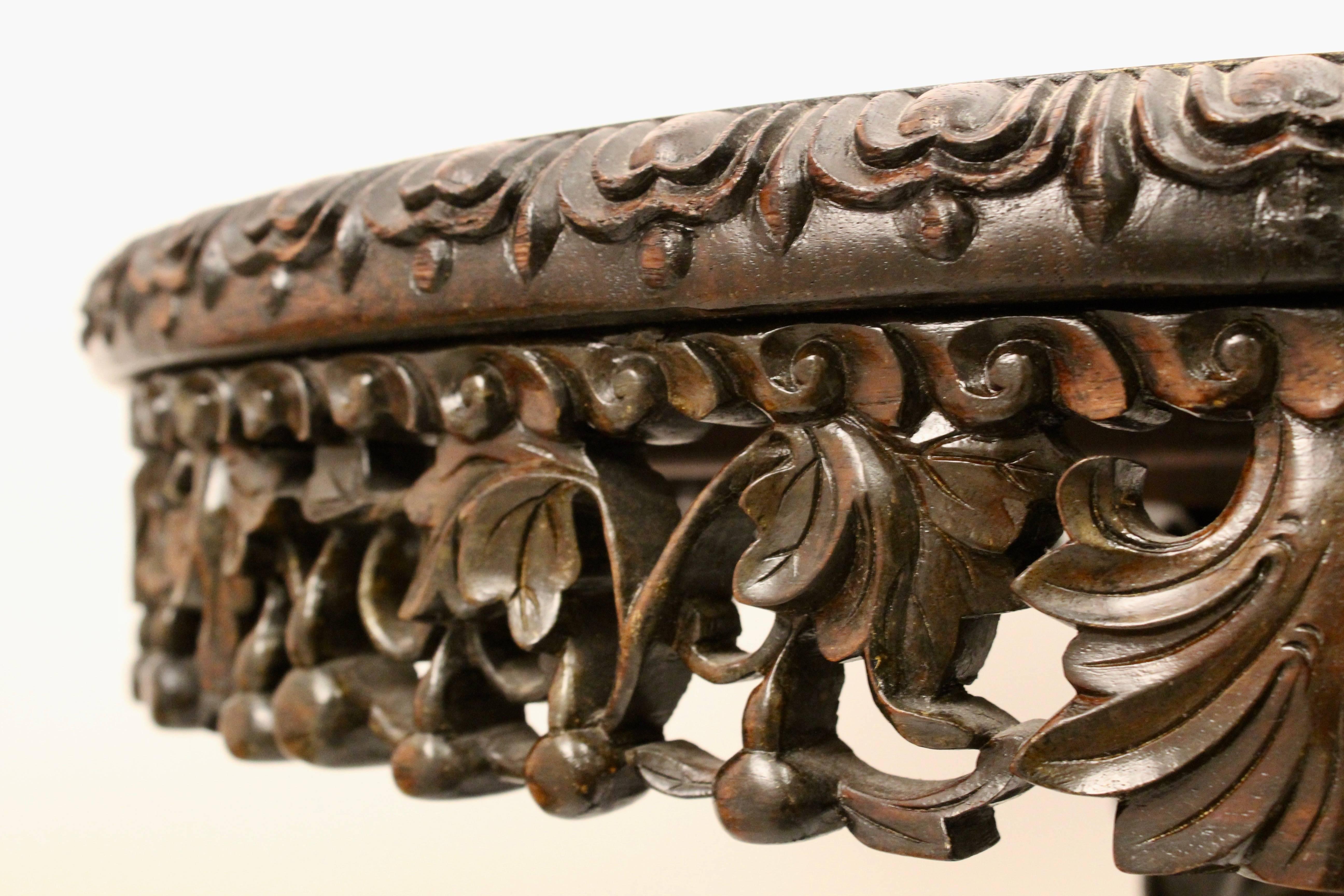 Chinese Carved Hardwood Triform Base Table, Peach Marble Top, circa ...