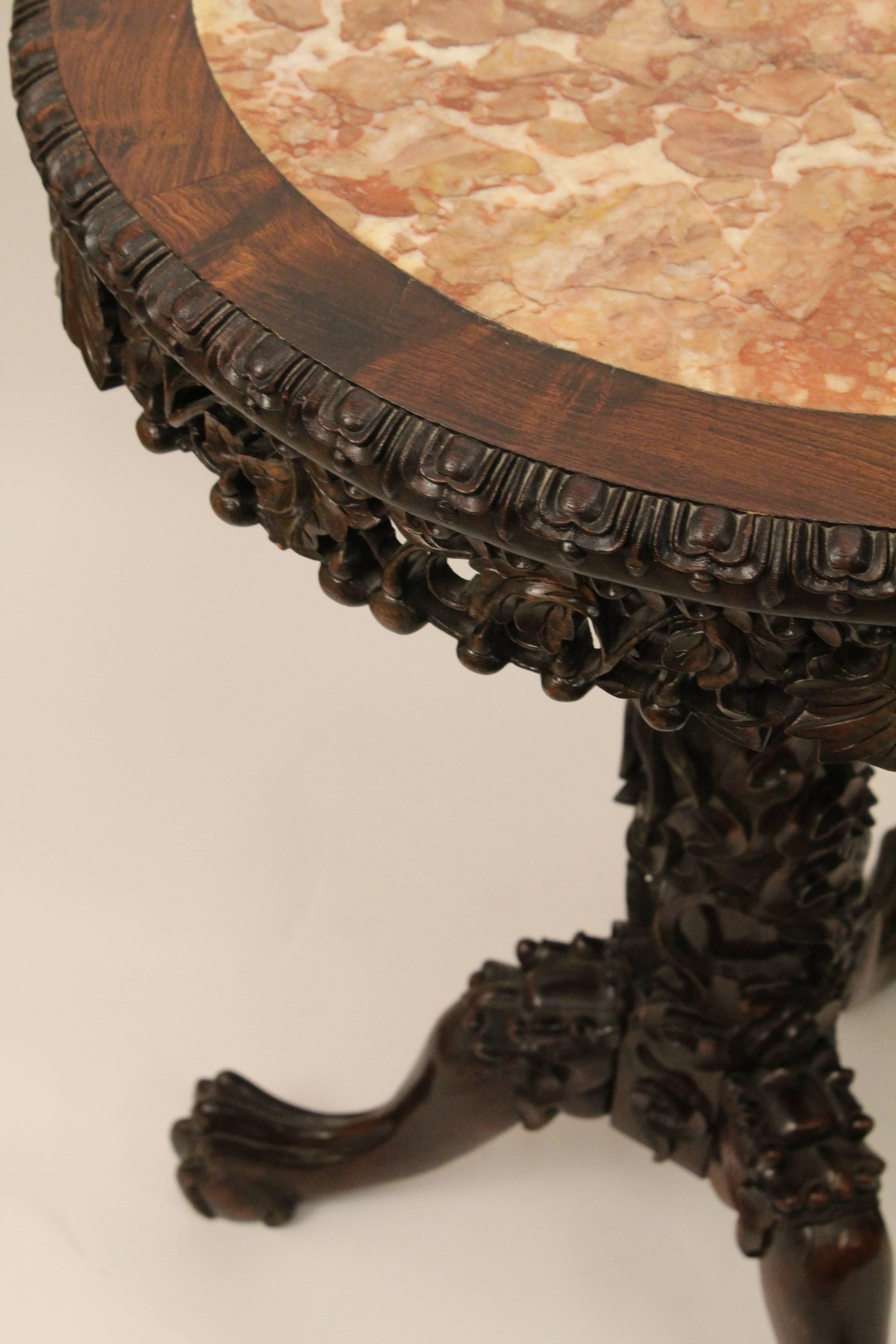 Chinese Carved Hardwood Triform Base Table, Peach Marble Top, circa ...